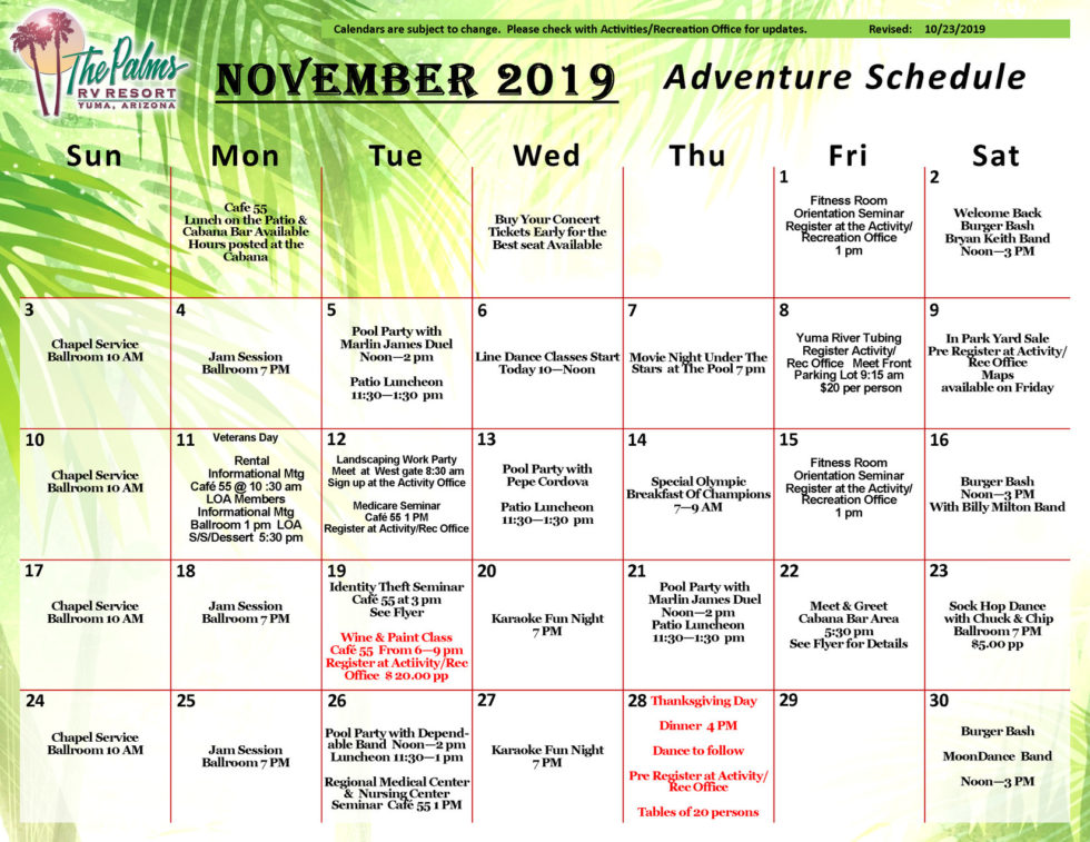 Past Adventure Calendars » The Palms RV Resort